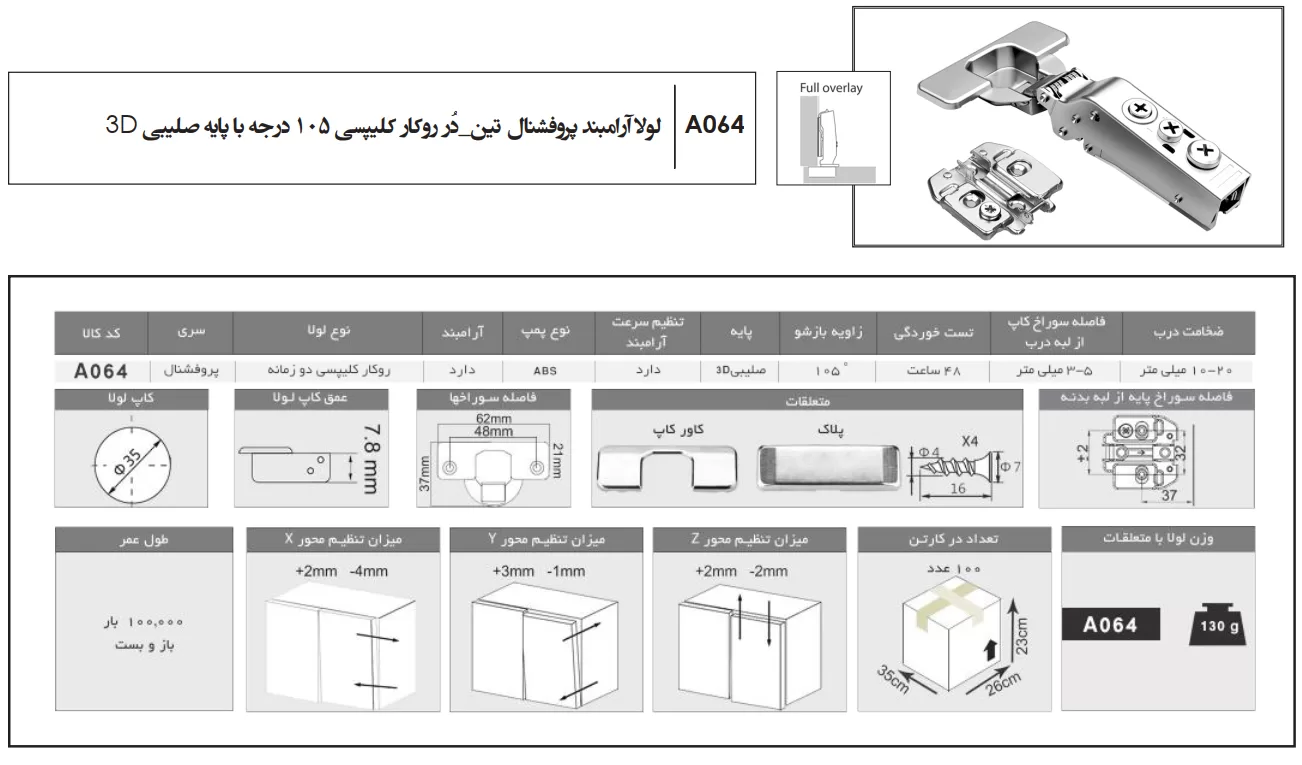 لولا آرامبند پروفشنال تین دور روکار کلیپسی 105 درجه با پایه صلیبی 3D فانتونی A064