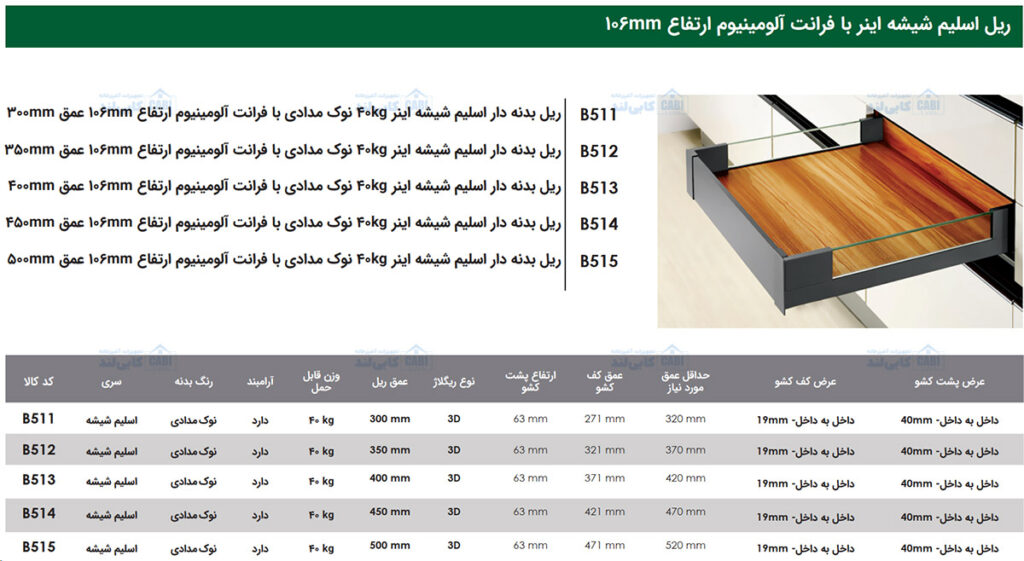 ریل بدنه دار اسلیم شیشه اینر 40kg نوک مدادی فانتونی B511 تا B515